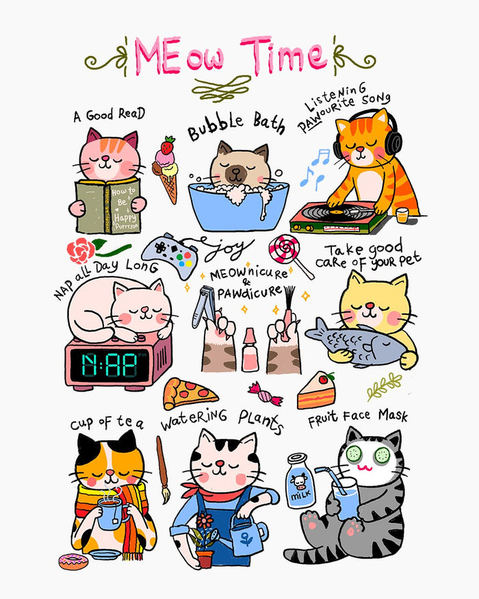 Meow Time Funny Cats Kittens Cute Sketch Animal Pet Cotton T-Shirt